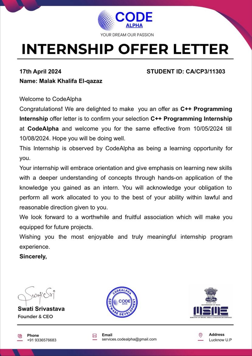 Malak Khalifa on LinkedIn: #codealpha #internship #cplusplus # ... Malak Khalifa on LinkedIn: #codealpha #internship #cplusplus # ...