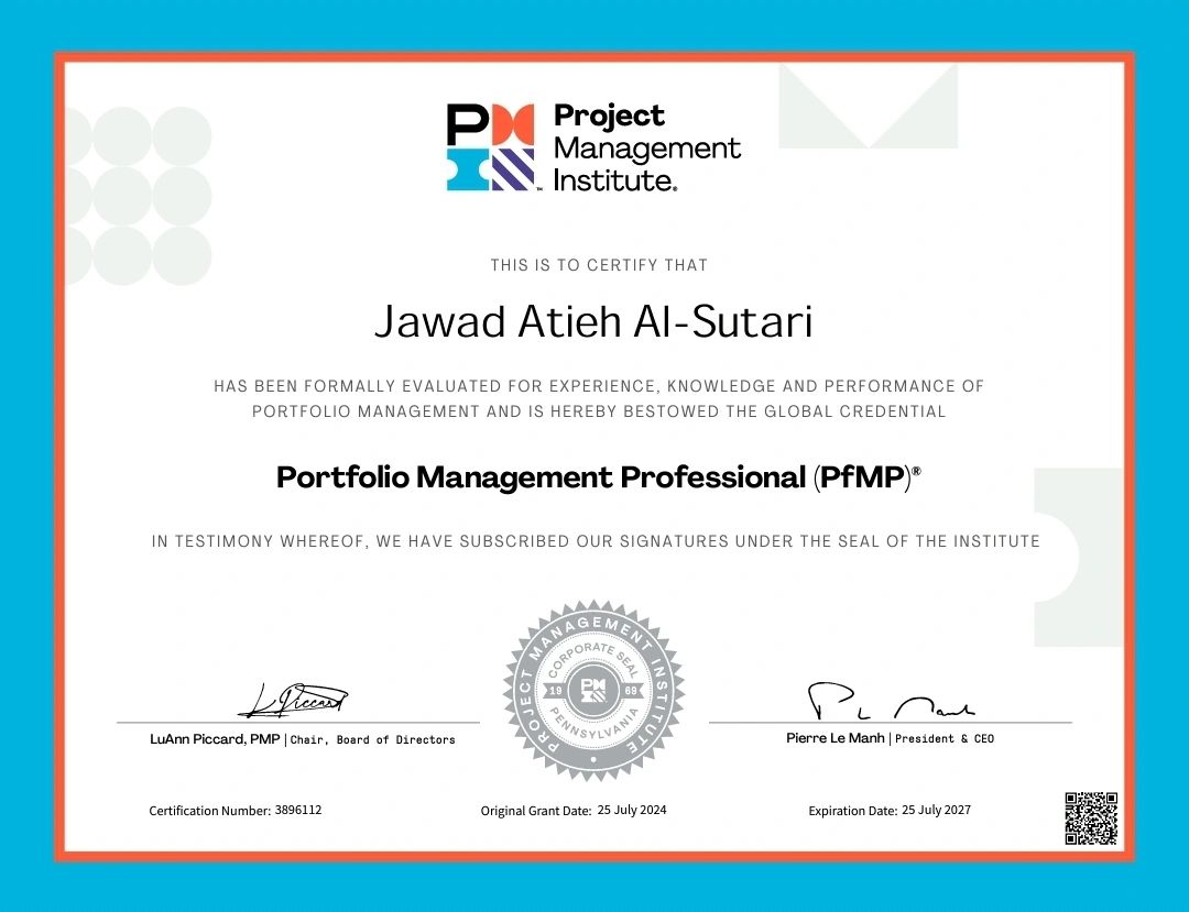 Jawad Al-Sutari, PfMP®, PgMP®, PMP®, PMI-ACP®, PMI-RMP®. على LinkedIn ... Jawad Al-Sutari, PfMP®, PgMP®, PMP®, PMI-ACP®, PMI-RMP®. على LinkedIn ...