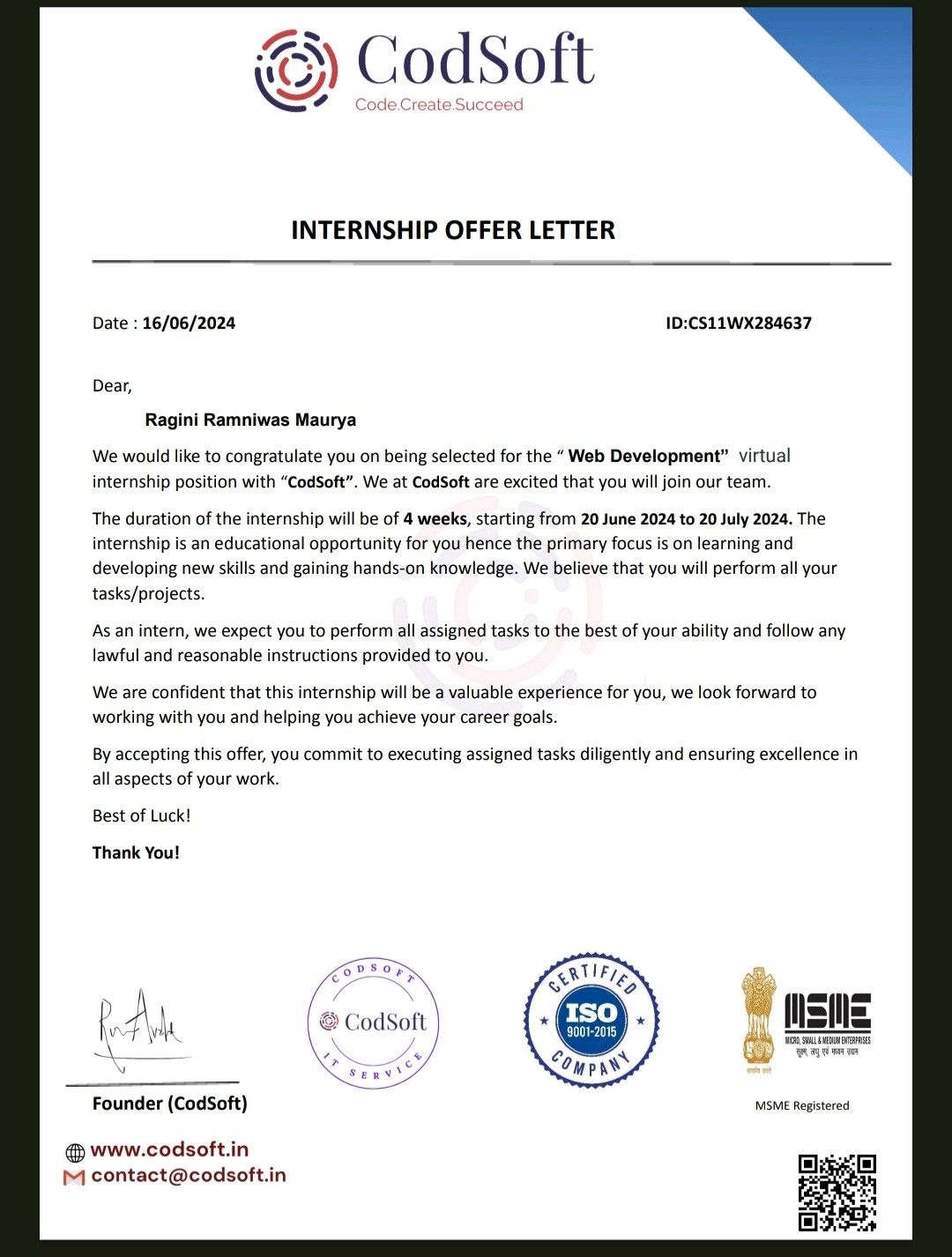 Ragini Maurya on LinkedIn: #codsoft #codsoft #internship #webdevelopment Ragini Maurya on LinkedIn: #codsoft #codsoft #internship #webdevelopment