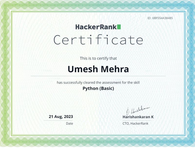 Umesh Mehra on LinkedIn: #pythoncertification #hackerrank # ... Umesh Mehra on LinkedIn: #pythoncertification #hackerrank # ...