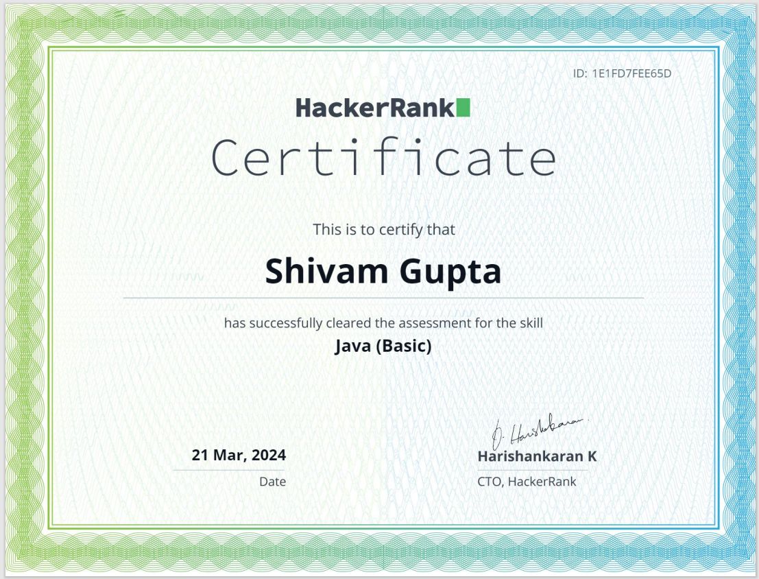 Shivam Gupta on LinkedIn: Java (Basic) Certificate from HackerRank! Shivam Gupta on LinkedIn: Java (Basic) Certificate from HackerRank!