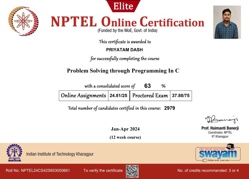PRIYATAM DASH on LinkedIn: I glad to share my NPTEL Certificate of ... PRIYATAM DASH on LinkedIn: I glad to share my NPTEL Certificate of ...