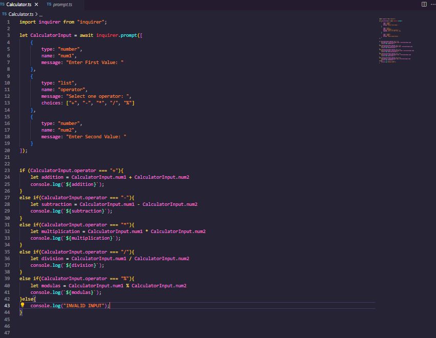 🚀 Developed a calculator using TypeScript with Inquirer and Chowk 🚀 ... 🚀 Developed a calculator using TypeScript with Inquirer and Chowk 🚀 ...