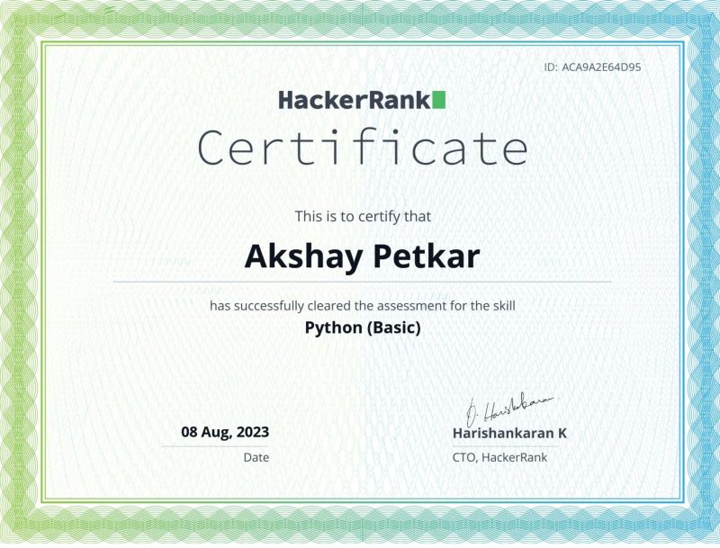 Akshay Petkar on LinkedIn: #pythoncertification #hackerrankcertified # ... Akshay Petkar on LinkedIn: #pythoncertification #hackerrankcertified # ...