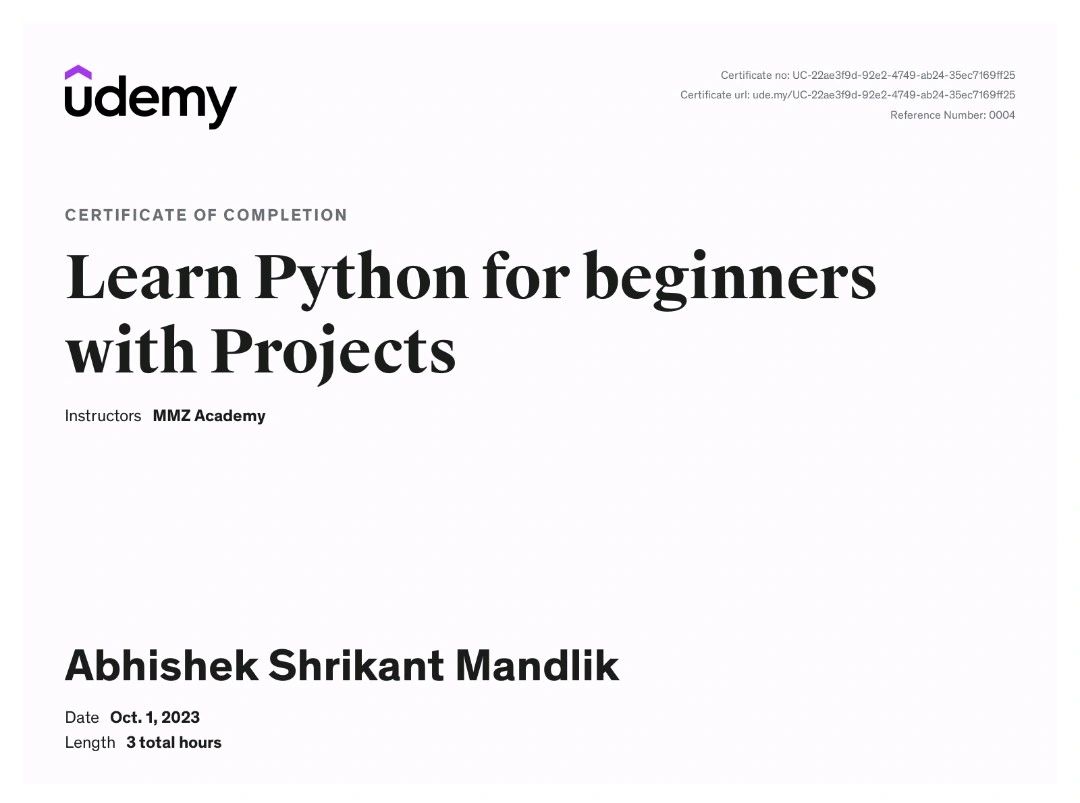 Abhishek Mandlik on LinkedIn: #udemy #python #coursecomplete Abhishek Mandlik on LinkedIn: #udemy #python #coursecomplete