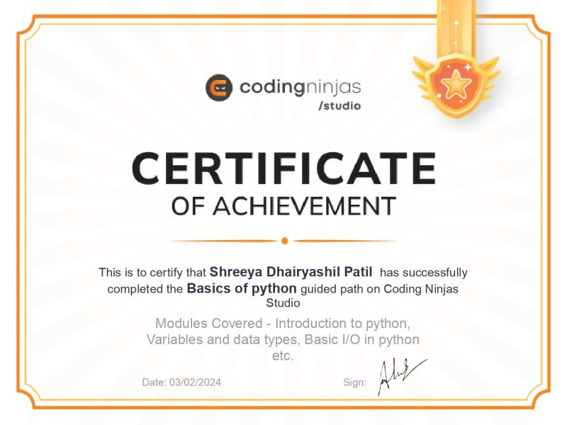 Shreeya Patil on LinkedIn: #achievement #codingninjas #python # ... Shreeya Patil on LinkedIn: #achievement #codingninjas #python # ...