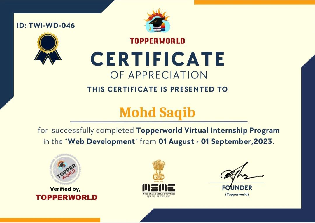 Mohd Saqib on LinkedIn: #webdevelopment #internship #topperworld # ... Mohd Saqib on LinkedIn: #webdevelopment #internship #topperworld # ...