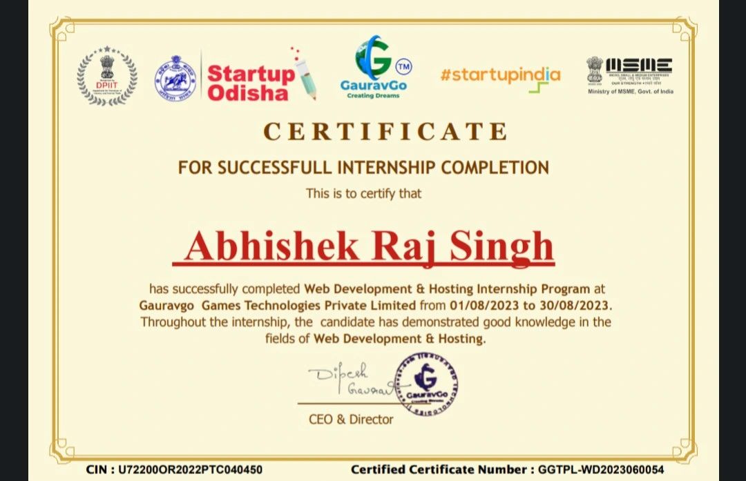 Abhishek Raj Singh on LinkedIn: #gauravgotechnologies #internship Abhishek Raj Singh on LinkedIn: #gauravgotechnologies #internship