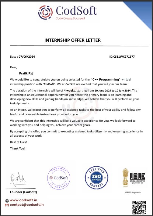 Pratik Raj on LinkedIn: #internship #codsoft #programming #c # ... Pratik Raj on LinkedIn: #internship #codsoft #programming #c # ...