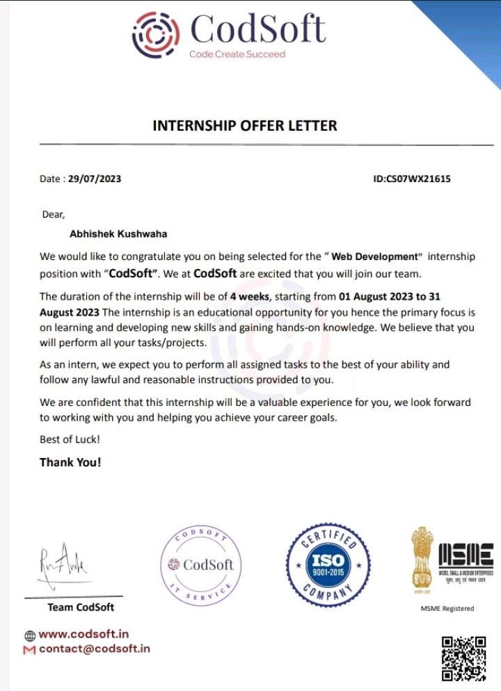 Abhishek Kushwaha on LinkedIn: #codesoft #webdevelopment #internship Abhishek Kushwaha on LinkedIn: #codesoft #webdevelopment #internship