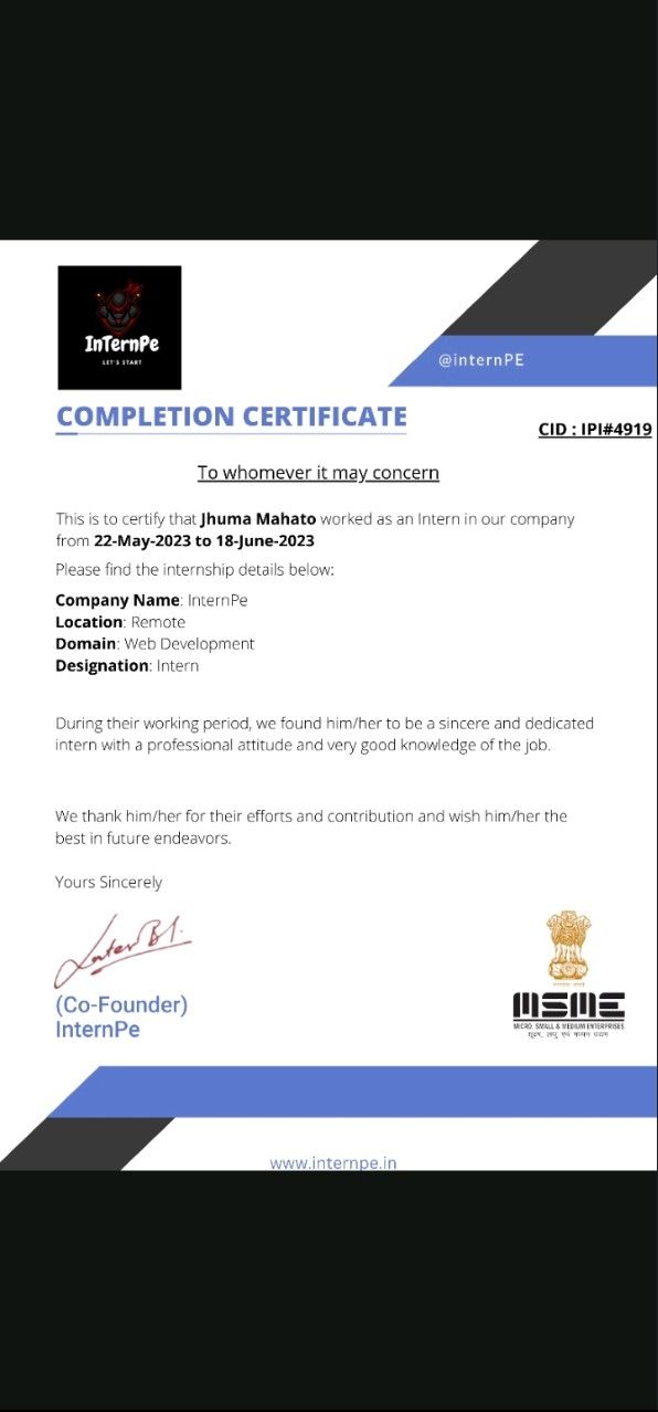 Jhuma Mahato on LinkedIn: #internpe Jhuma Mahato on LinkedIn: #internpe