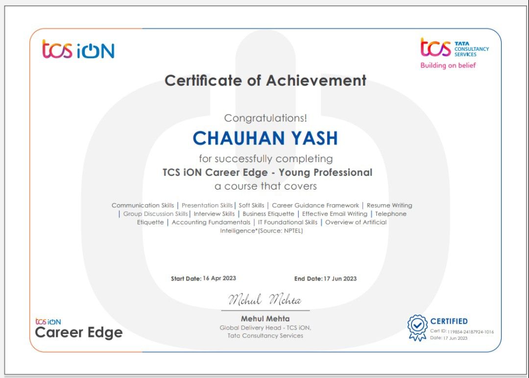 Yash Chauhan on LinkedIn: Complete certified course of TCS iON Career ... Yash Chauhan on LinkedIn: Complete certified course of TCS iON Career ...