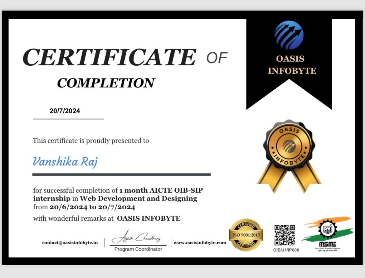 Vanshika Raj on LinkedIn: #internship #oasisinfobyte #careergrowth # ... Vanshika Raj on LinkedIn: #internship #oasisinfobyte #careergrowth # ...