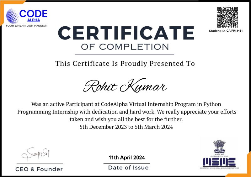 Rohit Kumar on LinkedIn: #codealpha #pythonprogramming #internship # ... Rohit Kumar on LinkedIn: #codealpha #pythonprogramming #internship # ...