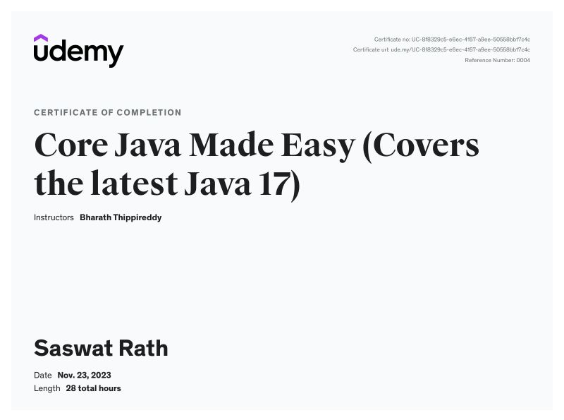 Saswat Rath on LinkedIn: Check out this certificate I got for Core Java ... Saswat Rath on LinkedIn: Check out this certificate I got for Core Java ...