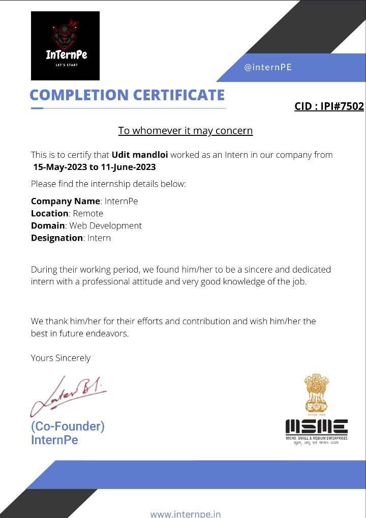 Udit Mandloi on LinkedIn: #thankyou #webdeveloper #internship #internpe Udit Mandloi on LinkedIn: #thankyou #webdeveloper #internship #internpe
