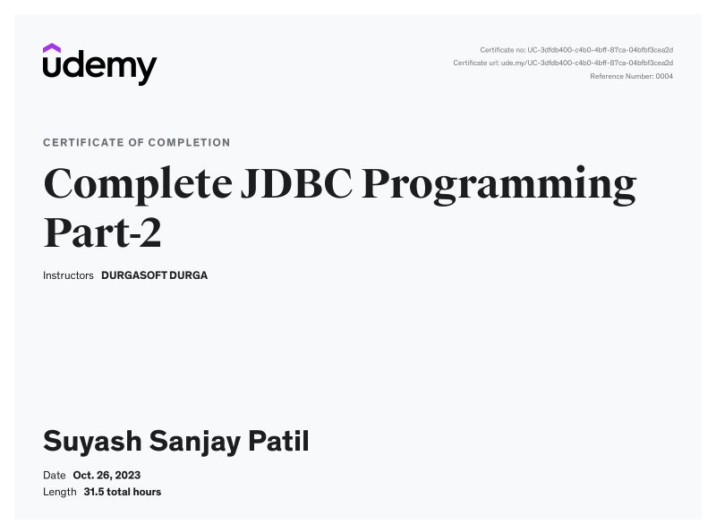 Suyash Patil on LinkedIn: #java #jdbc #databaseprogramming #udemy # ... Suyash Patil on LinkedIn: #java #jdbc #databaseprogramming #udemy # ...