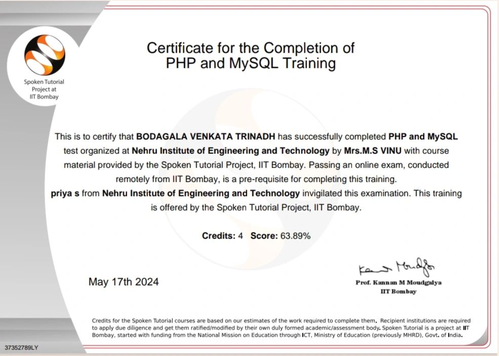 BODAGALA VENKATA TRINADH on LinkedIn: #php #mysql #achievement #niet # ... BODAGALA VENKATA TRINADH on LinkedIn: #php #mysql #achievement #niet # ...