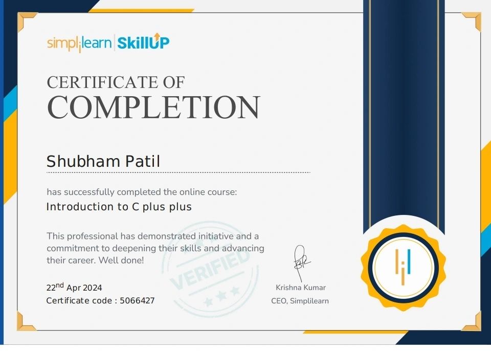 Shubham Patil on LinkedIn: Completed C++ Programming Certification by ... Shubham Patil on LinkedIn: Completed C++ Programming Certification by ...