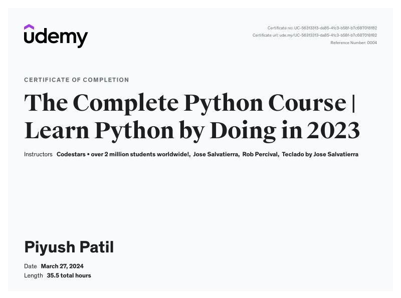 piyush patil on LinkedIn: Completed the full Python course with udemy piyush patil on LinkedIn: Completed the full Python course with udemy