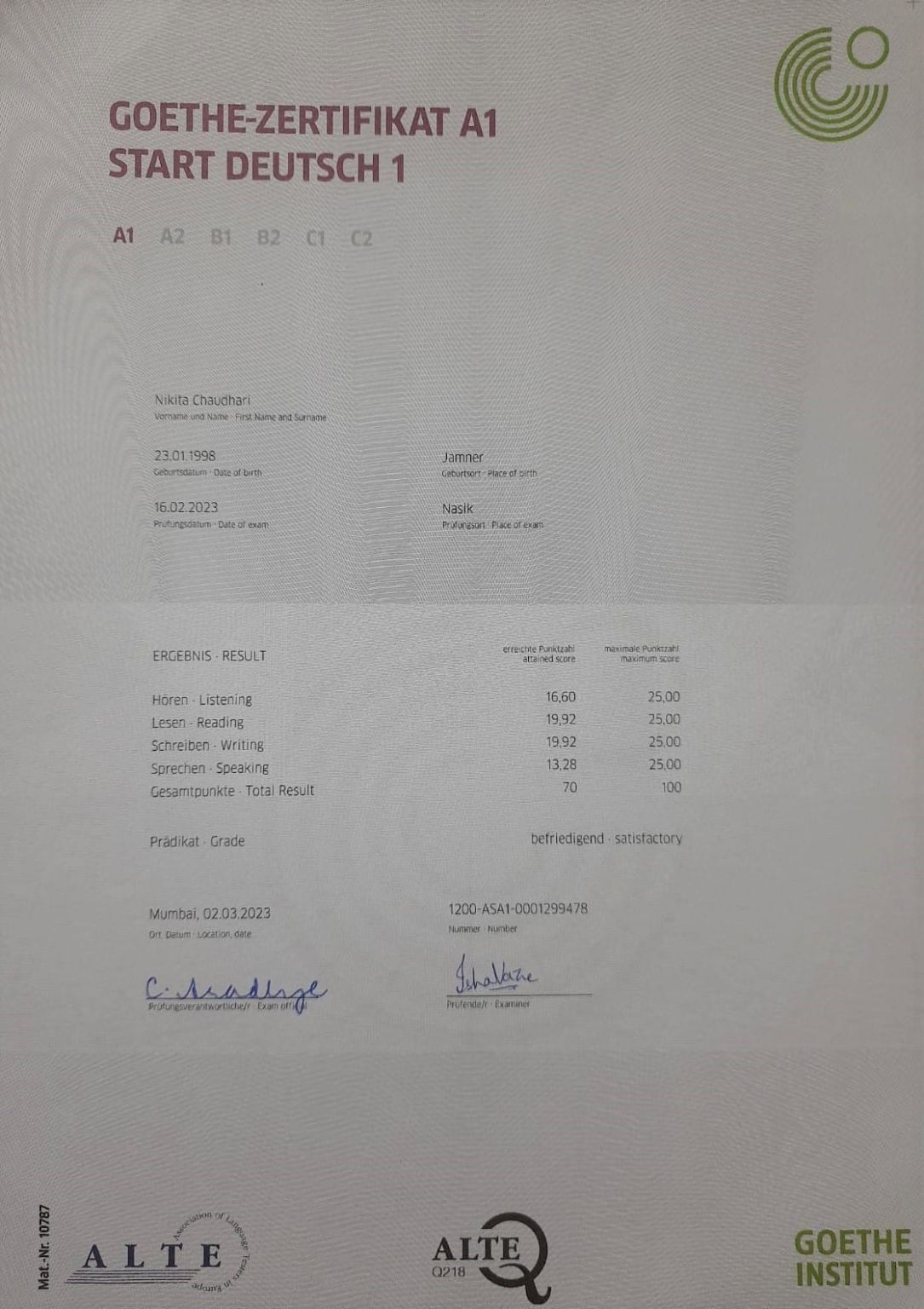 Nikita Chaudhari on LinkedIn: Successfully completed the German A1 exam ... Nikita Chaudhari on LinkedIn: Successfully completed the German A1 exam ...