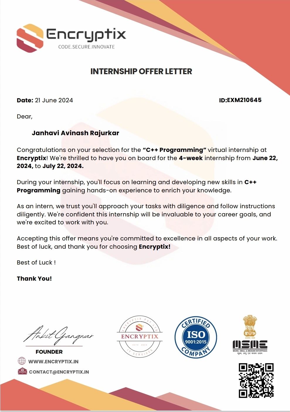 Janhavi Rajurkar on LinkedIn: #internship #encryptix #cpp #programming Janhavi Rajurkar on LinkedIn: #internship #encryptix #cpp #programming