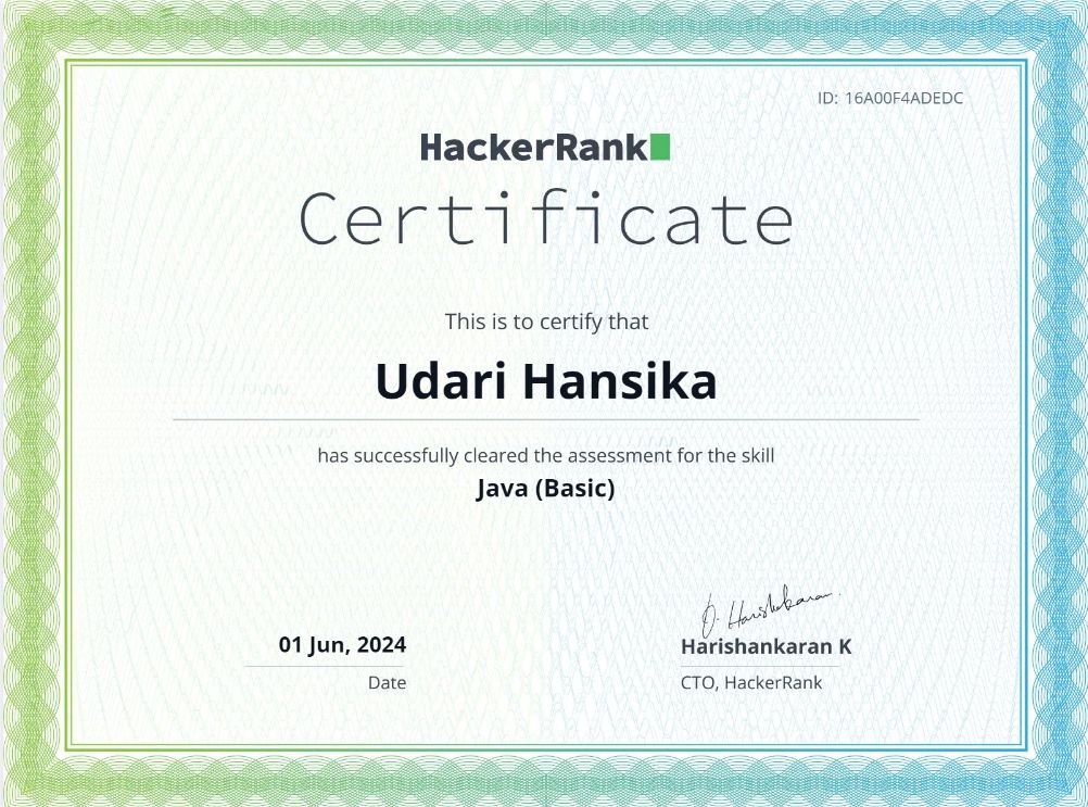 Udari Hansika on LinkedIn: #java #programming #certification #hackerrank Udari Hansika on LinkedIn: #java #programming #certification #hackerrank