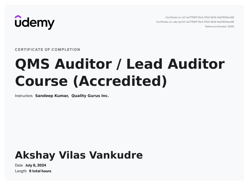 Akshay Vankudre on LinkedIn: Completed my QMS Auditor/Lead Auditor ... Akshay Vankudre on LinkedIn: Completed my QMS Auditor/Lead Auditor ...