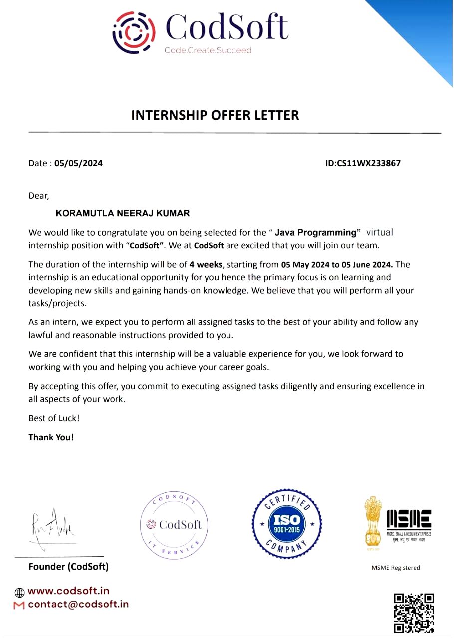 NEERAJ KUMAR KORAMUTLA on LinkedIn: #java #programming #internship # ... NEERAJ KUMAR KORAMUTLA on LinkedIn: #java #programming #internship # ...