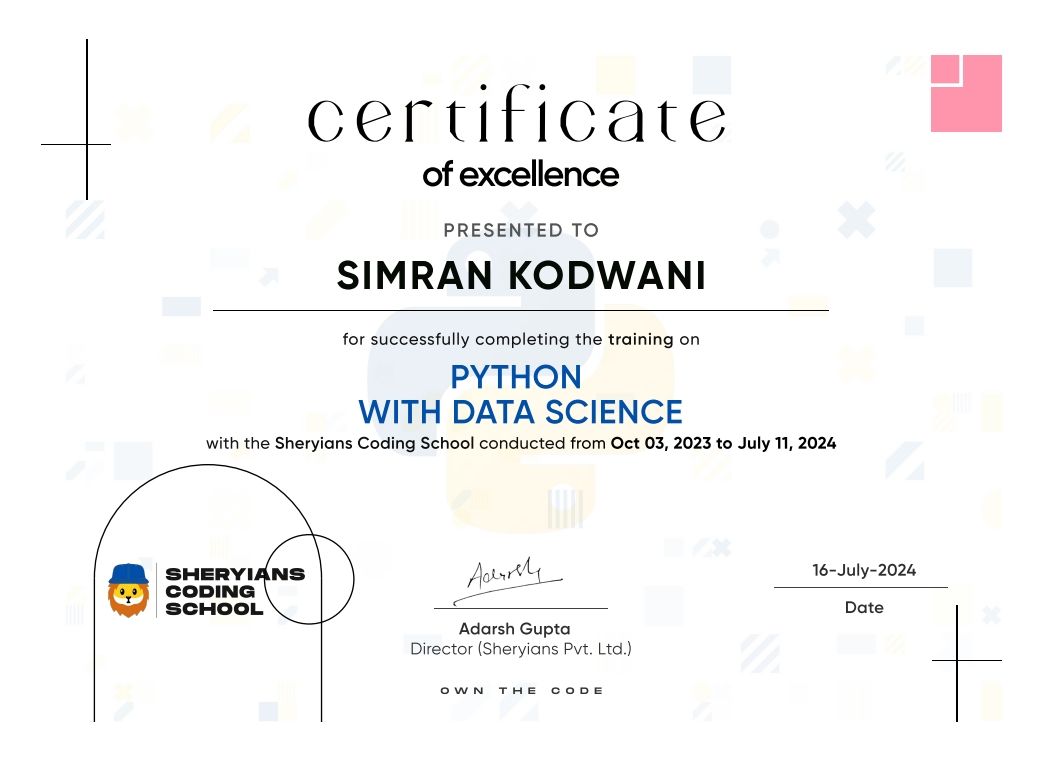 Simran Kodwani on LinkedIn: I am proud to have earned a Python with ... Simran Kodwani on LinkedIn: I am proud to have earned a Python with ...