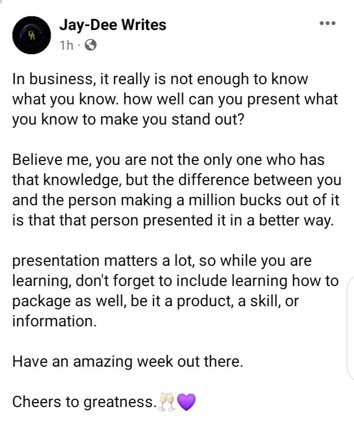 Jedidah Ephraim on LinkedIn: Learn to package yourself, your product ... Jedidah Ephraim on LinkedIn: Learn to package yourself, your product ...