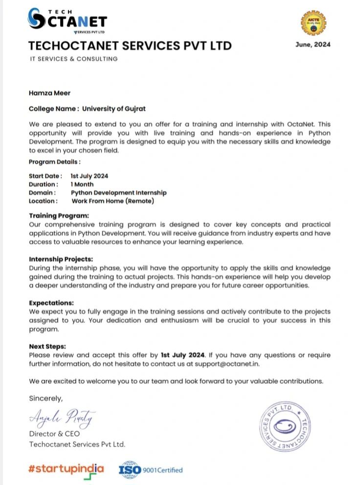 Hamza Meer on LinkedIn: #pythondevelopment #internship #octanet #python ... Hamza Meer on LinkedIn: #pythondevelopment #internship #octanet #python ...