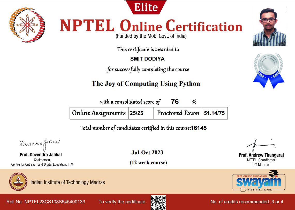 Smit Dodiya on LinkedIn: #python #programming #nptel #achievement Smit Dodiya on LinkedIn: #python #programming #nptel #achievement