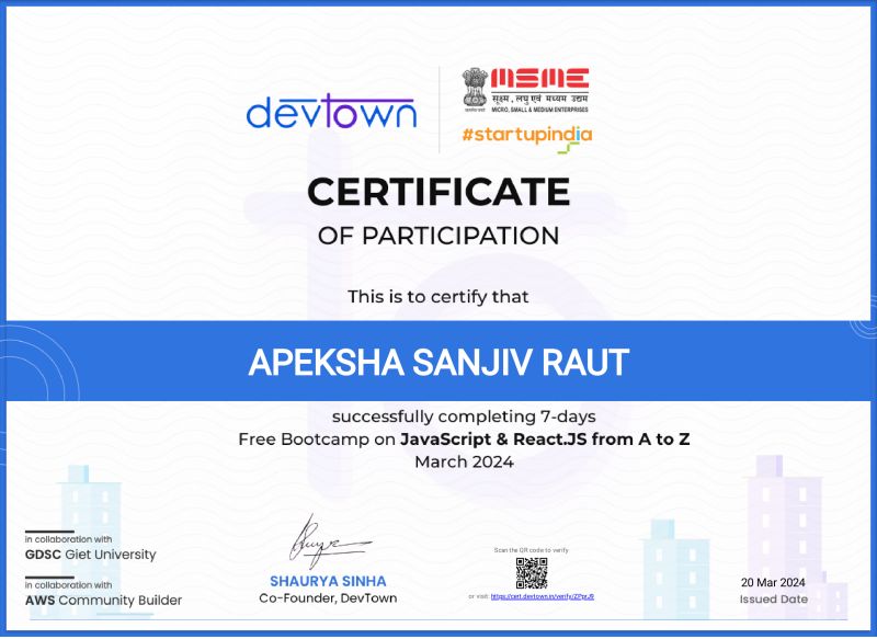 Apeksha Raut on LinkedIn: #javascript #reactjs #devtown #certificate Apeksha Raut on LinkedIn: #javascript #reactjs #devtown #certificate