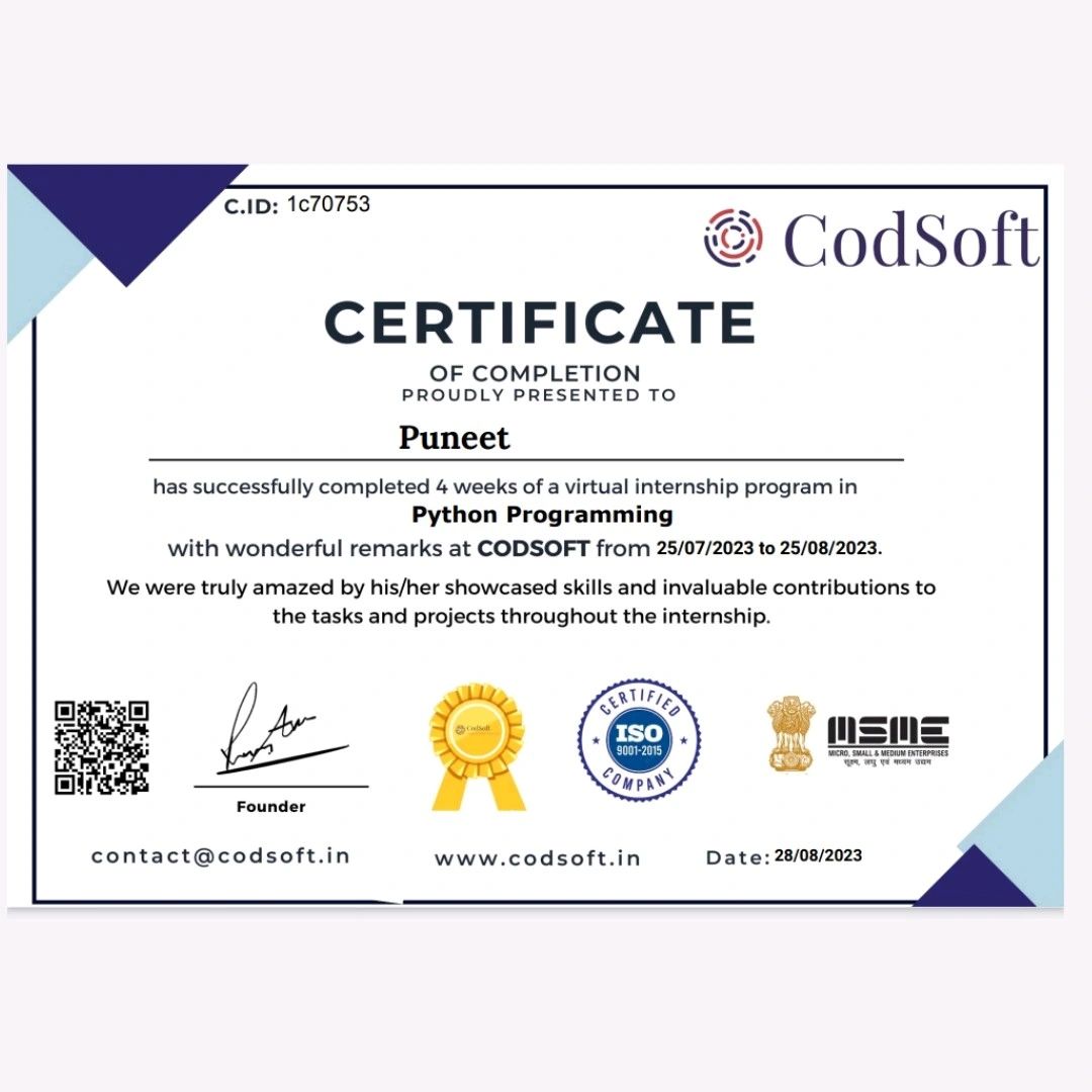 Puneet . on LinkedIn: #codsoft #codsoftinternship #pythonprogramming Puneet . on LinkedIn: #codsoft #codsoftinternship #pythonprogramming