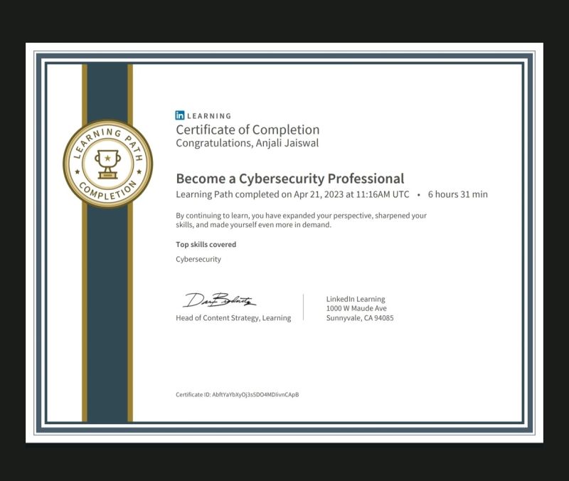 Anjali Jaiswal on LinkedIn: #cybersecurity #learningcontinues Anjali Jaiswal on LinkedIn: #cybersecurity #learningcontinues