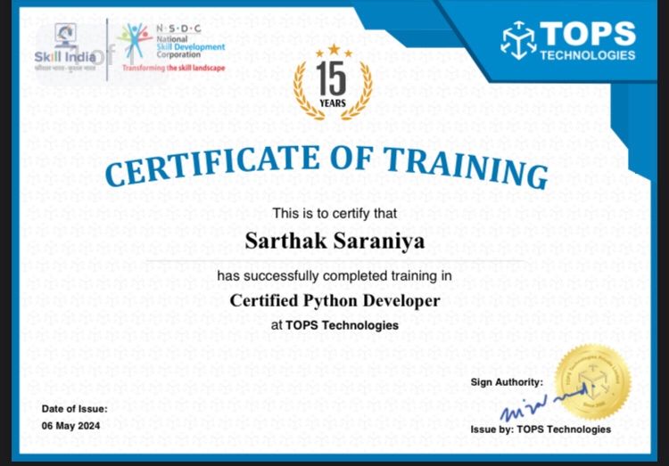 Sarthak Sarniya on LinkedIn: #pythondeveloper #certification #codingjourney Sarthak Sarniya on LinkedIn: #pythondeveloper #certification #codingjourney