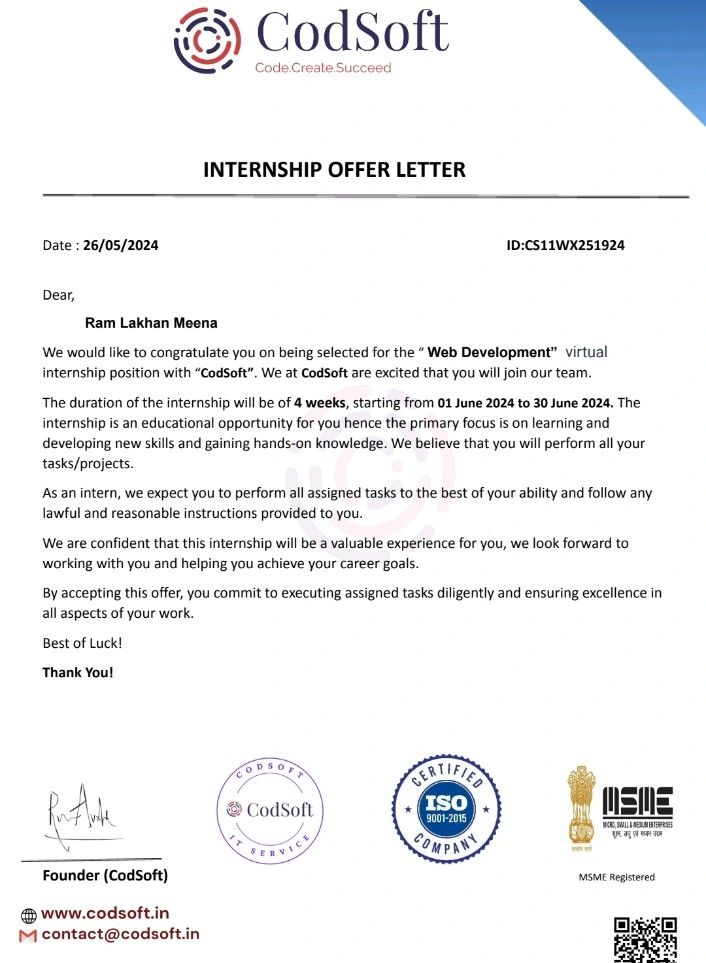 Ram Lakhan Meena on LinkedIn: #codesoft #internship Ram Lakhan Meena on LinkedIn: #codesoft #internship