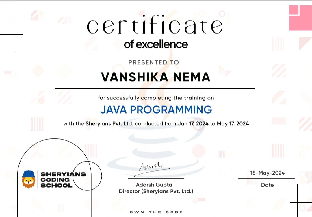 Vanshika Nema on LinkedIn: #java #programming #certification Vanshika Nema on LinkedIn: #java #programming #certification