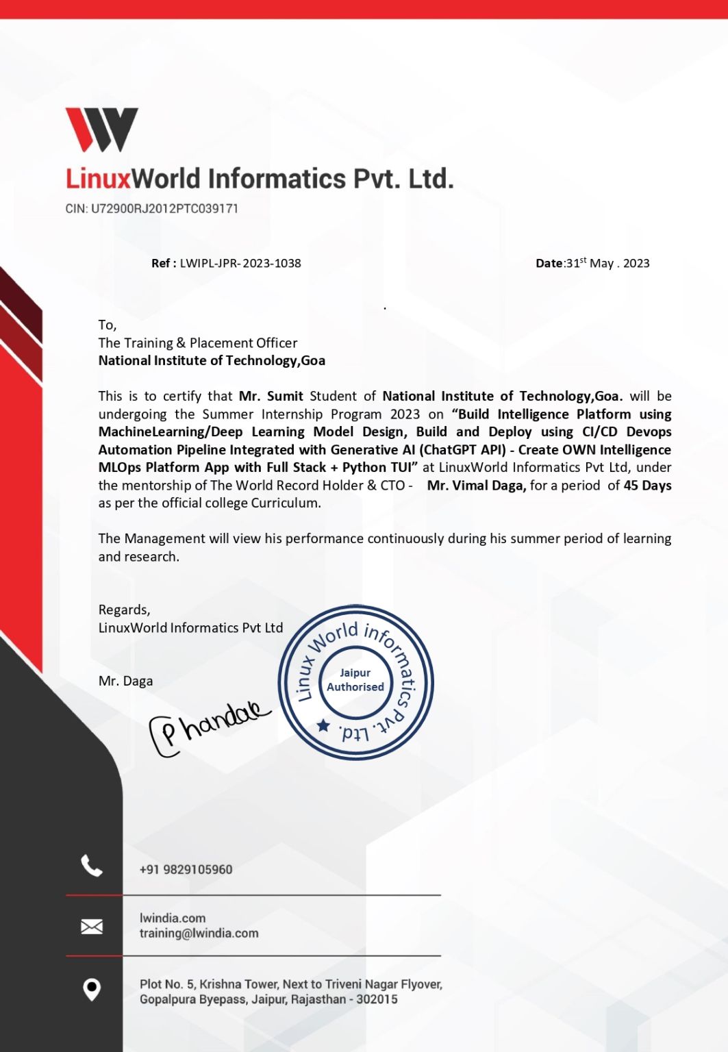 Sumit Dhattarwal on LinkedIn: #summerinternship2023 #vimaldaga # ... Sumit Dhattarwal on LinkedIn: #summerinternship2023 #vimaldaga # ...