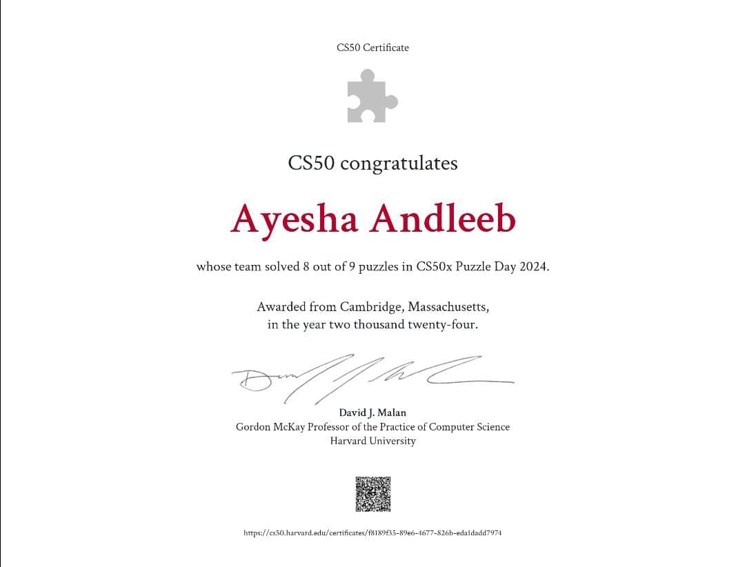 Ayesha Andleeb on LinkedIn: #cs50xpuzzleday Ayesha Andleeb on LinkedIn: #cs50xpuzzleday