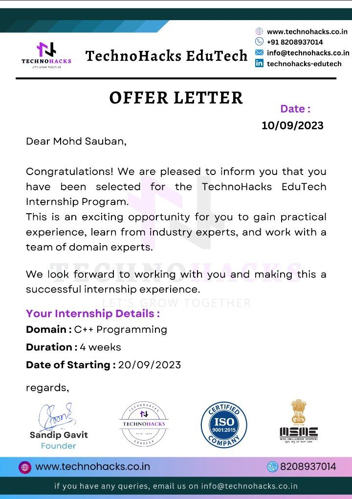 Mohd Sauban on LinkedIn: #technohack #internshipoffer Mohd Sauban on LinkedIn: #technohack #internshipoffer