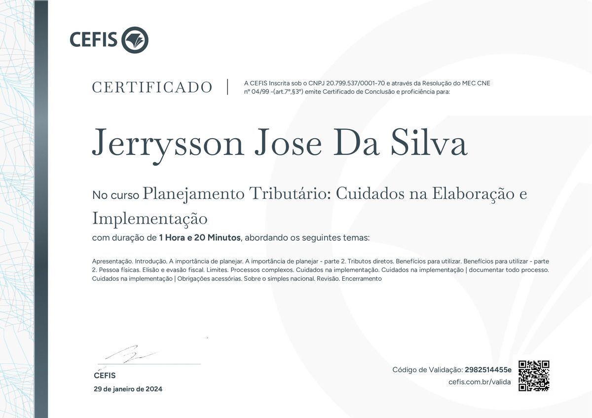jerrysson silva no LinkedIn: Conquistei mais um certificado na CEFIS! O ... jerrysson silva no LinkedIn: Conquistei mais um certificado na CEFIS! O ...