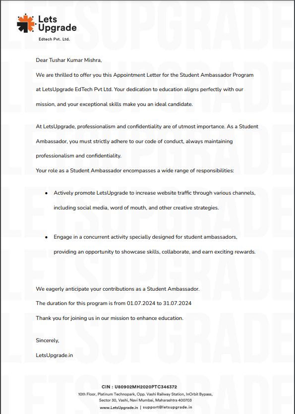 Tushar Kumar Mishra on LinkedIn: #letsupgrade #studentambassador # ... Tushar Kumar Mishra on LinkedIn: #letsupgrade #studentambassador # ...