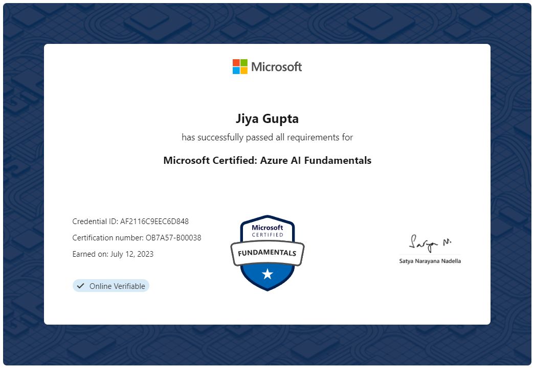Jiya Gupta on LinkedIn: Just earned my Microsoft Certified: Azure AI ... Jiya Gupta on LinkedIn: Just earned my Microsoft Certified: Azure AI ...