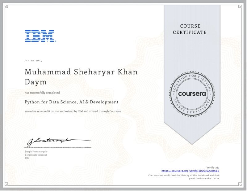 Completion of Python course by IBM | Sheharyar Daym posted on the topic ... Completion of Python course by IBM | Sheharyar Daym posted on the topic ...