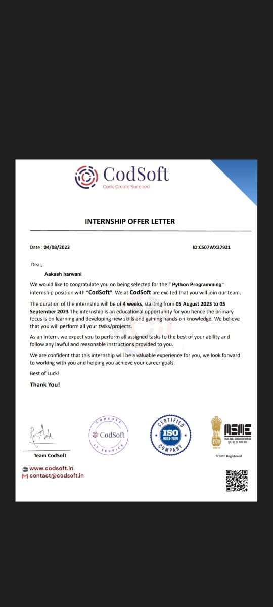 Aakash harwani on LinkedIn: #codsoft #internship #pythonprogramming Aakash harwani on LinkedIn: #codsoft #internship #pythonprogramming