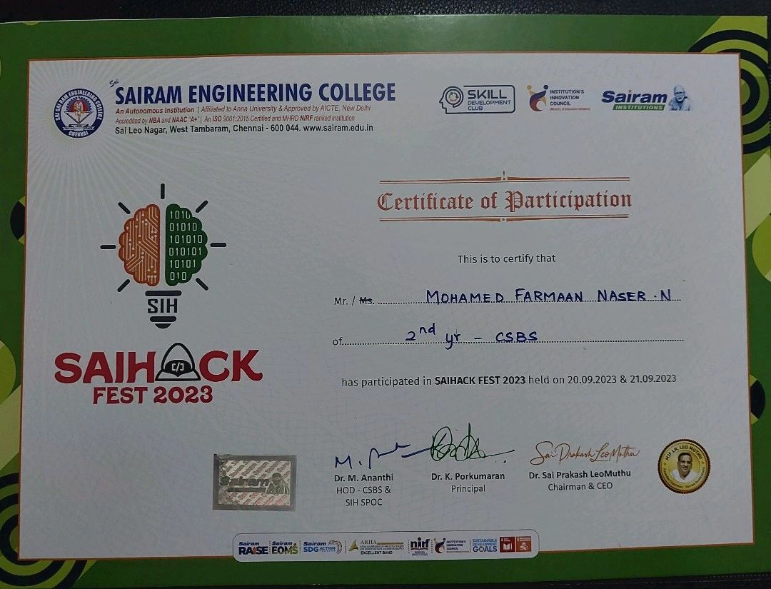 Mohamed Farmaan Naser.N on LinkedIn: #hackathon Mohamed Farmaan Naser.N on LinkedIn: #hackathon
