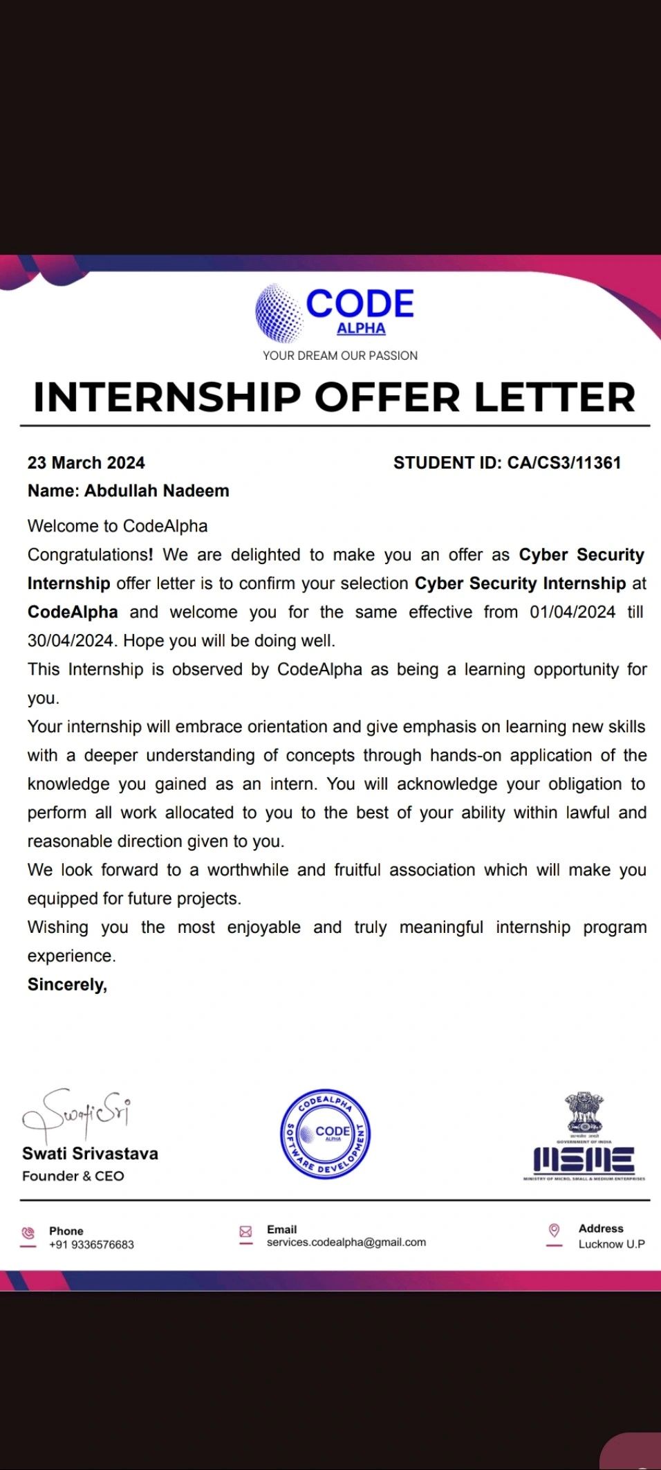 Abdullah Nadeem on LinkedIn: #internship #offerletter #codealpha Abdullah Nadeem on LinkedIn: #internship #offerletter #codealpha