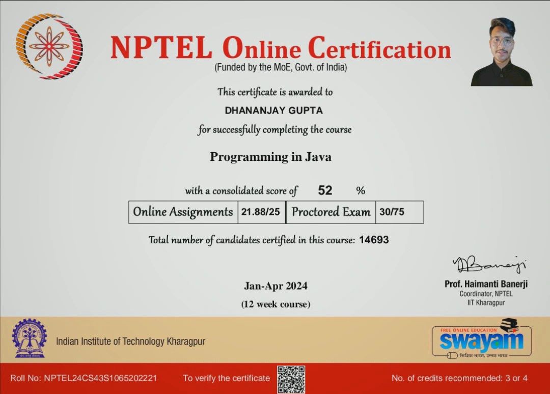 Dhananjay Gupta on LinkedIn: #javaprogramming #nptel #certification # ... Dhananjay Gupta on LinkedIn: #javaprogramming #nptel #certification # ...